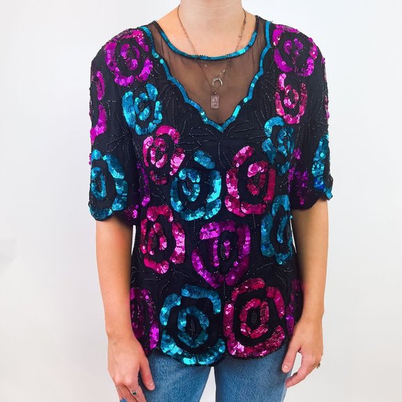 Vintage | Tops | Vintage Colorful Sequin Mesh Top In Floral Print ...